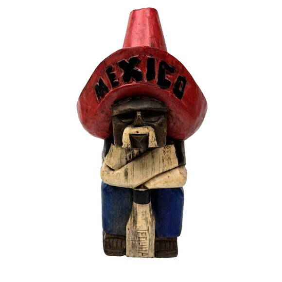 Art | Mexican Tequila Man Wood Statue Sombrero Hand Carved Painted ...